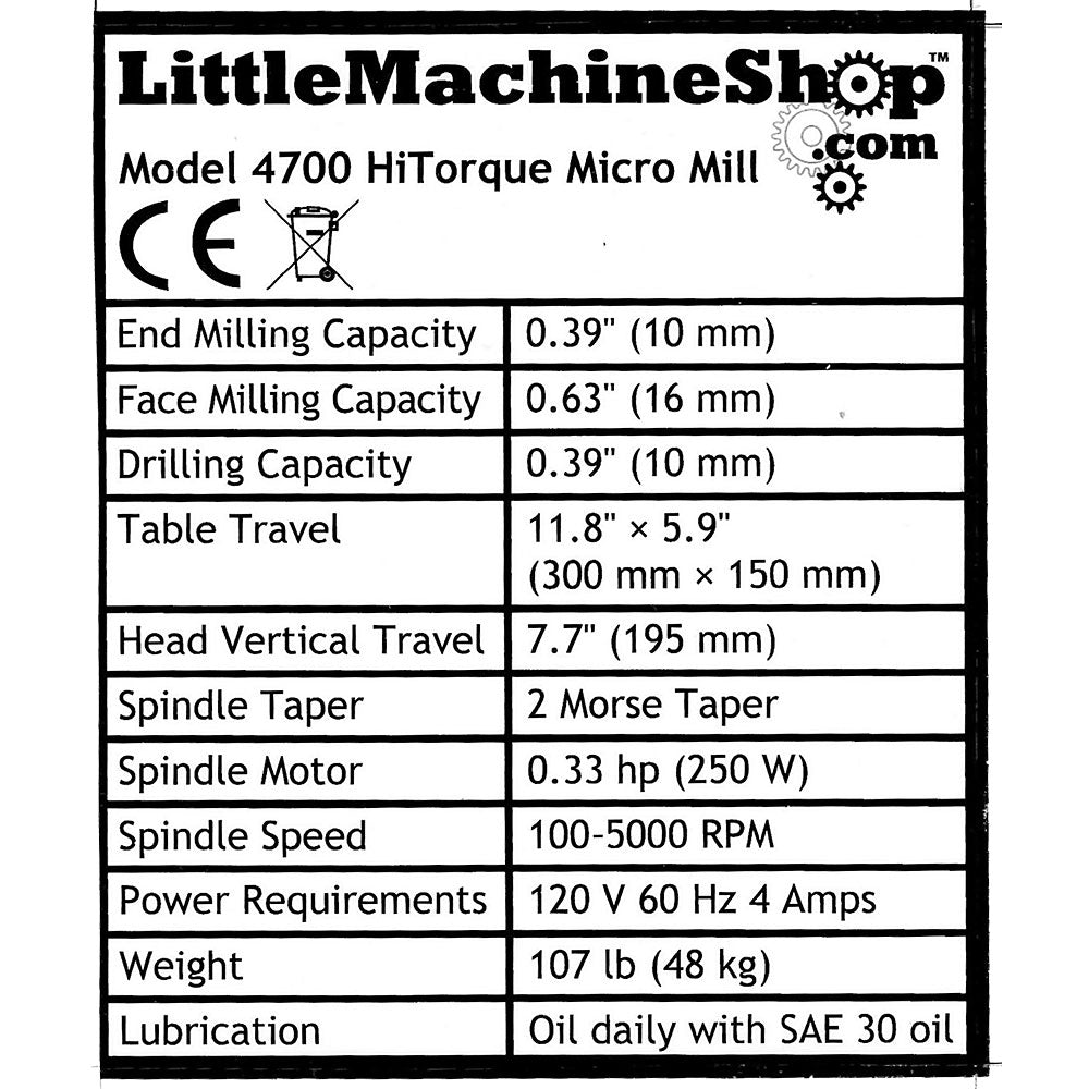 Label, HiTorque Micro Mill, 2MT Spindle – LittleMachineShop.com